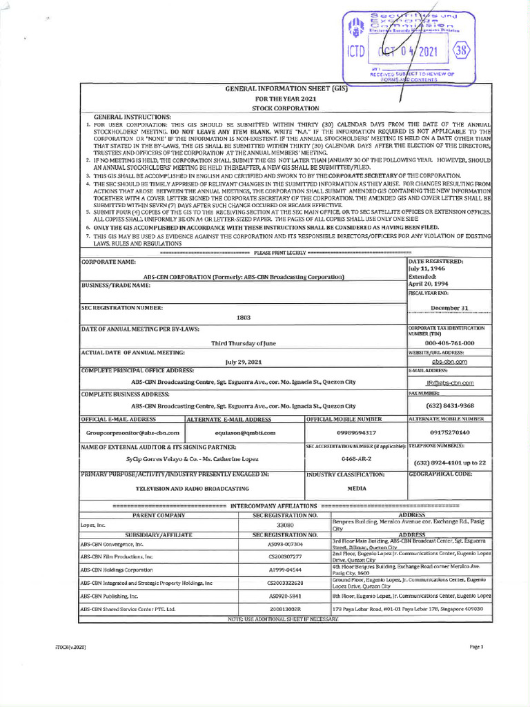 Abs-Cbn Corporation 2021 Gis | PDF
