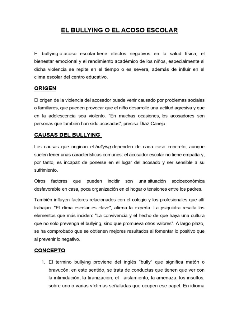 Bullying: Causas, Tipos y Prevención | PDF | Violencia | Conceptos ...