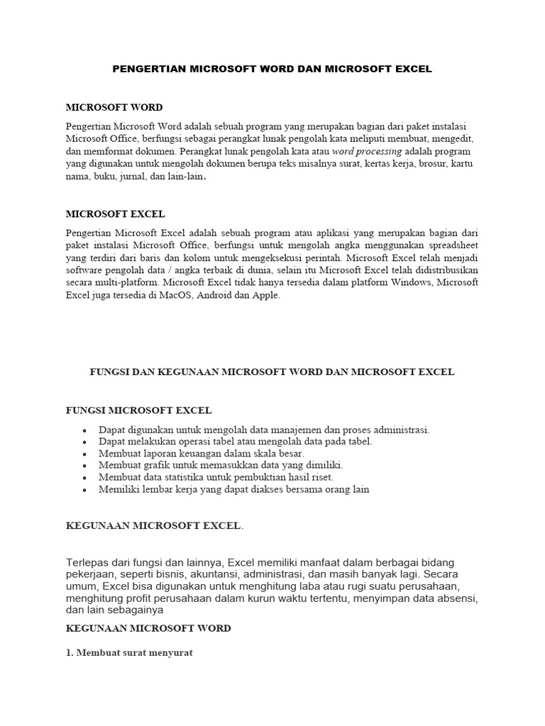 Pengertian Microsoft Word Dan Excel Dery Kel 5 | PDF