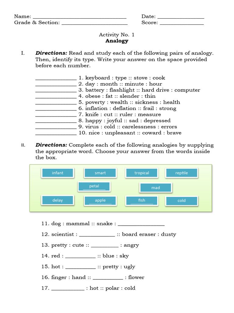 Activity Sheet - Analogy | PDF