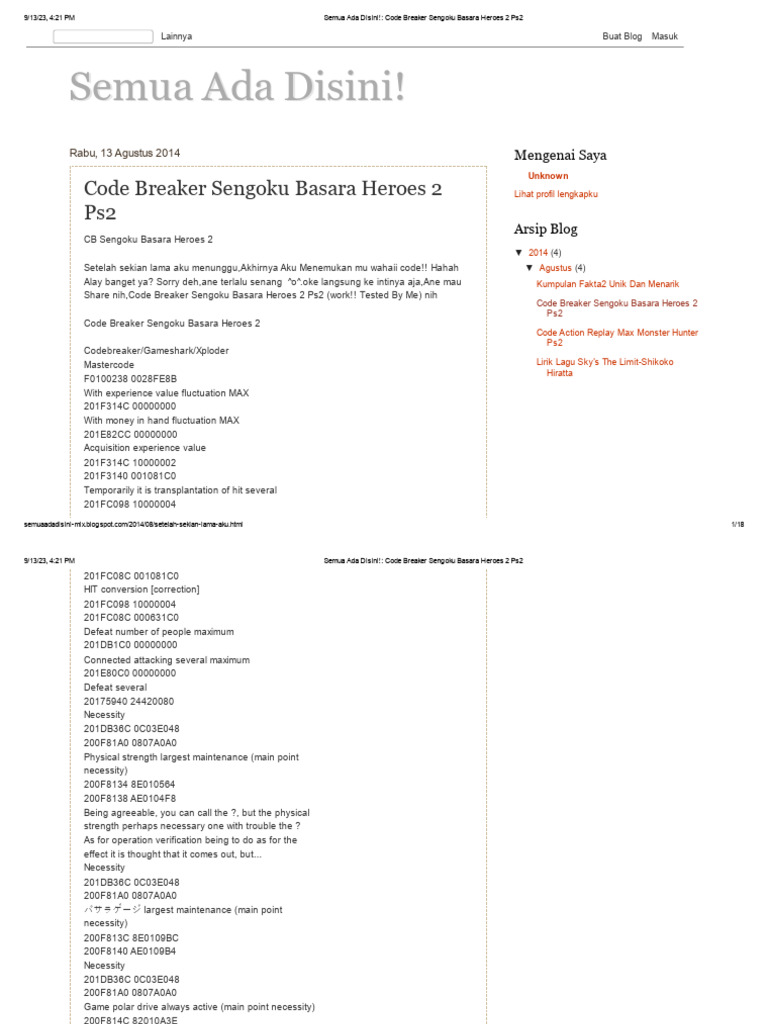 Semua Ada Disini! - Code Breaker Sengoku Basara Heroes 2 Ps2 | Download Free PDF | Digital ...