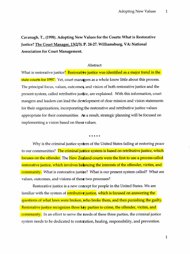 Adopting New Values For The Courts, What Is Restorative Justice | PDF