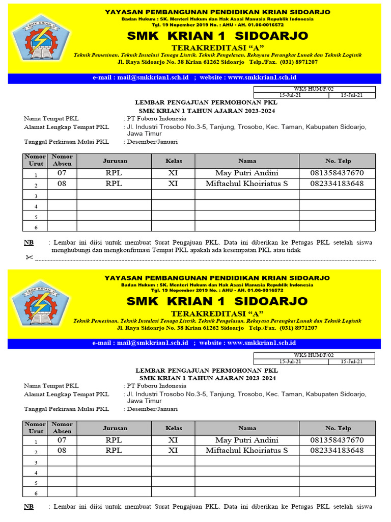 Lembar Pengajuan Permohonan PKL | PDF