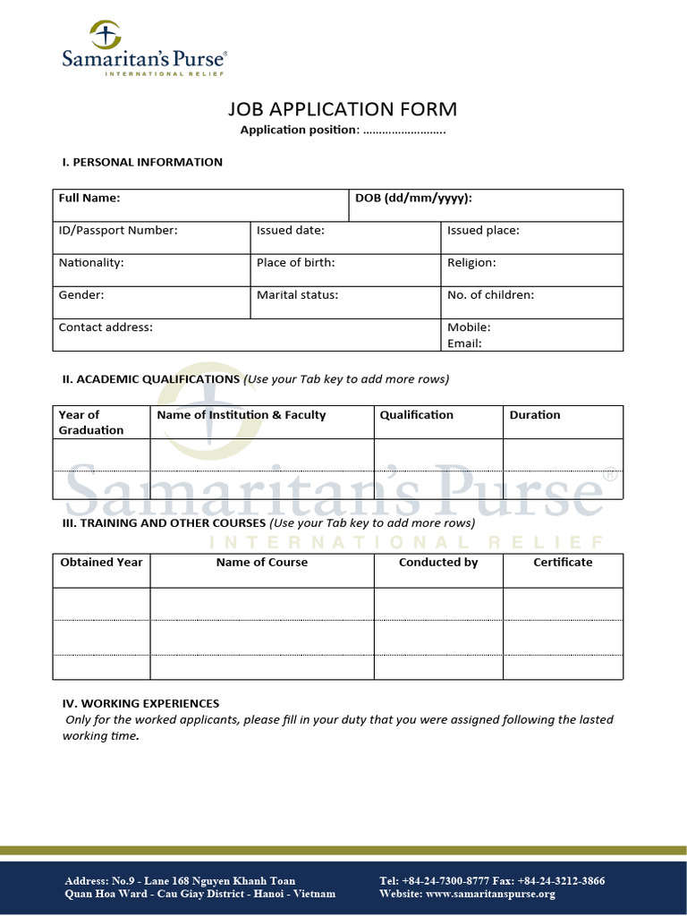 Samaritan's Purse Application Form - 2023 | PDF