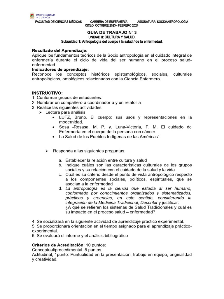 Guía 3. Socio 23-24 S3 Antrop Salud - Enfermed | Descargar gratis PDF | Enfermería | Antropología