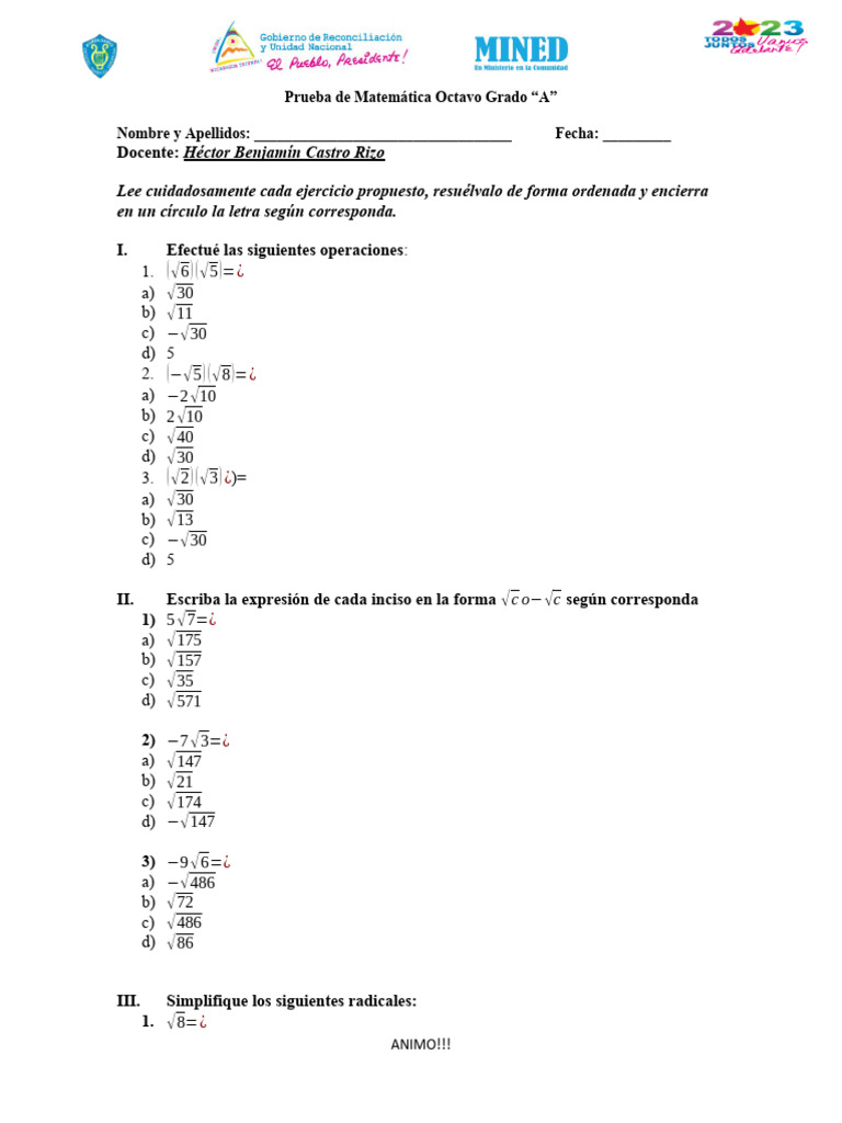 Prueba de Matemática Octavo Grado 5 | PDF