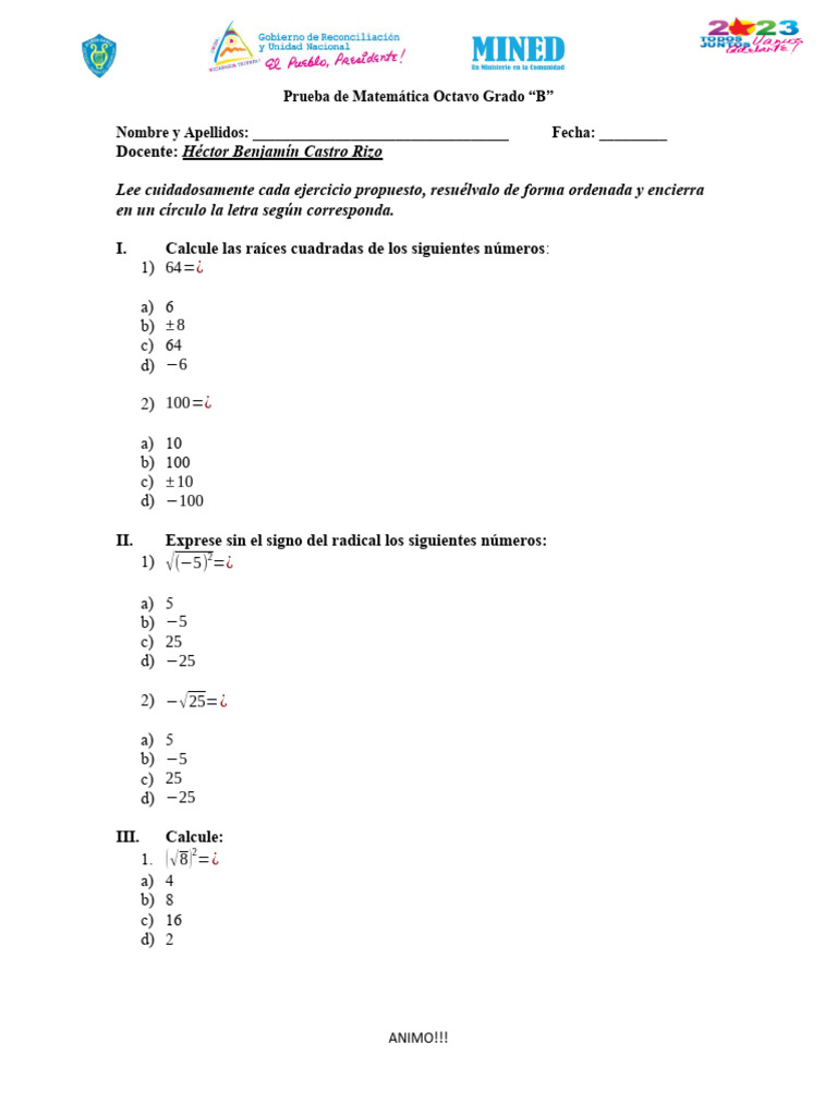 Prueba de Matemática Octavo Grado 4 | PDF