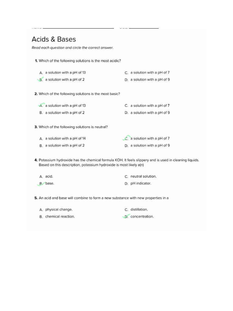 Acids, Bases and PH - Quiz | PDF
