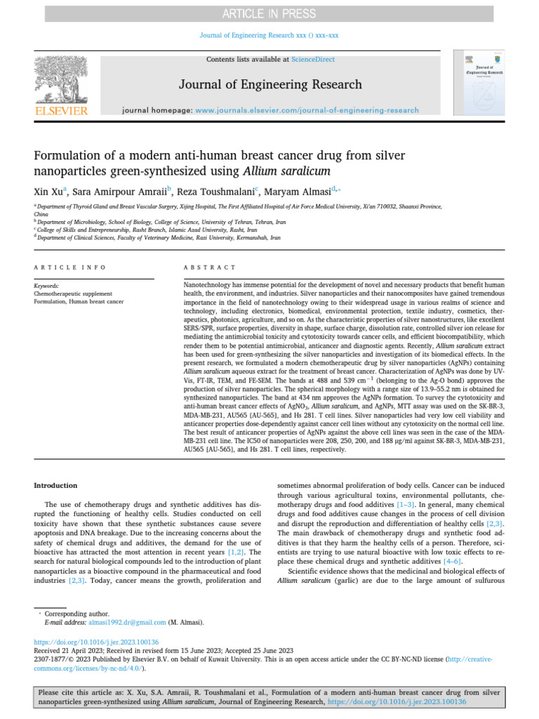 Formulations of A Modern Anti-Human Breast Cancer Drug From Silver Nanoparticles Green ...