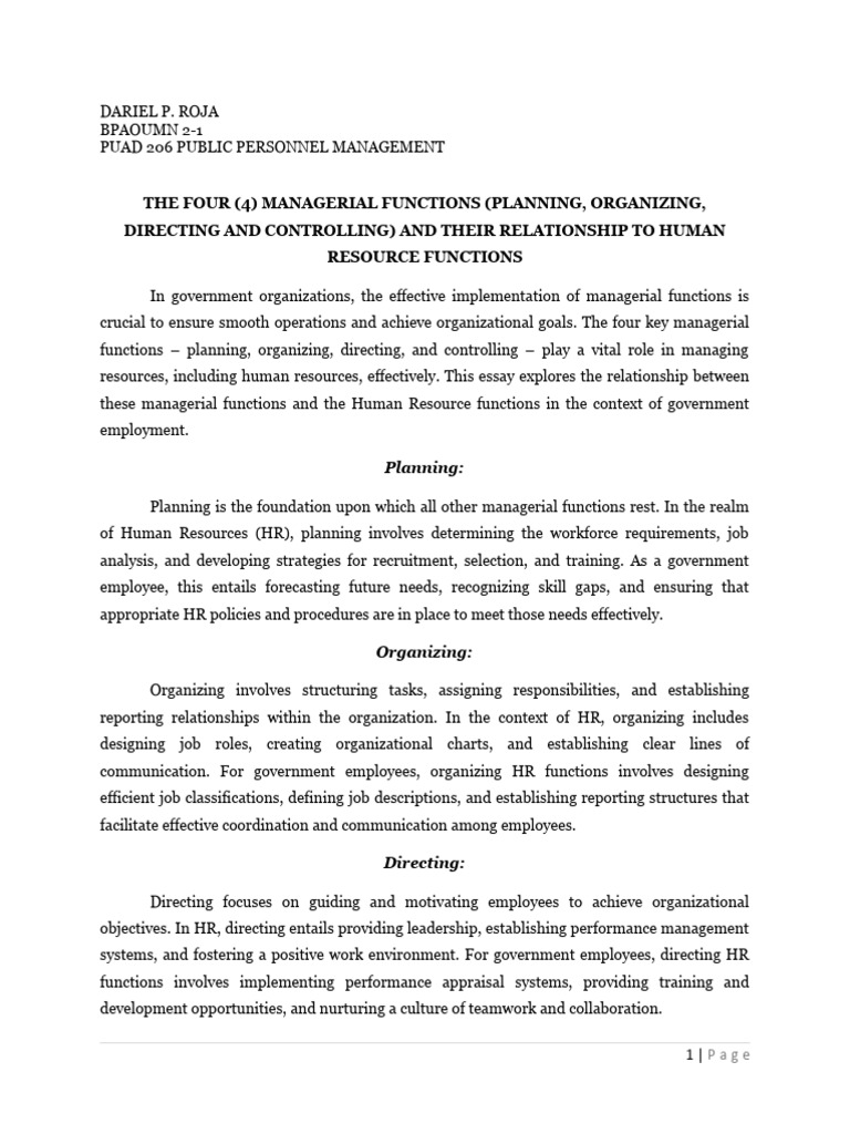 The Four (4) Managerial Functions (Planning, Organizing, Directing and ...