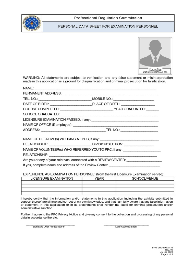 Bag-Lrd-Exam-35 Rev 00 Personal Data Sheet For Examination Personnel | Download Free PDF ...