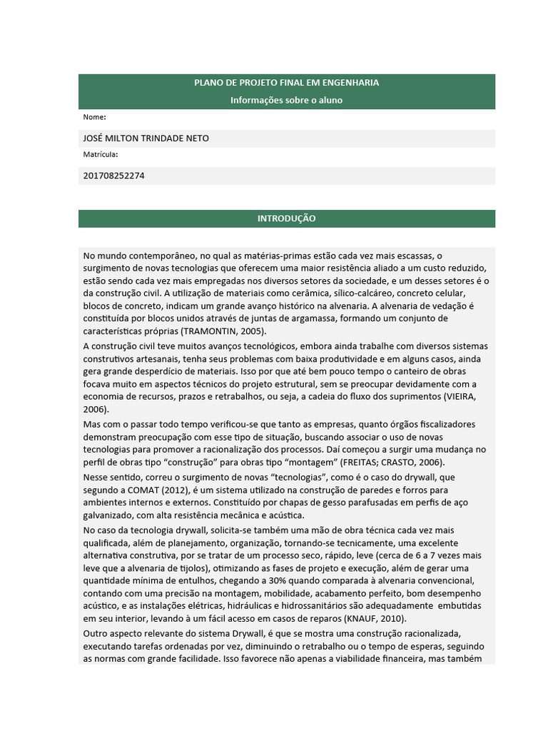 Plano de Projeto Final - Engenharias 2023 | PDF | Drywall | Materiais