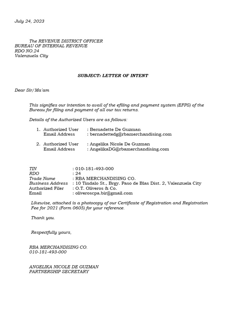 Letter of Intent (Efps) - Rba | PDF