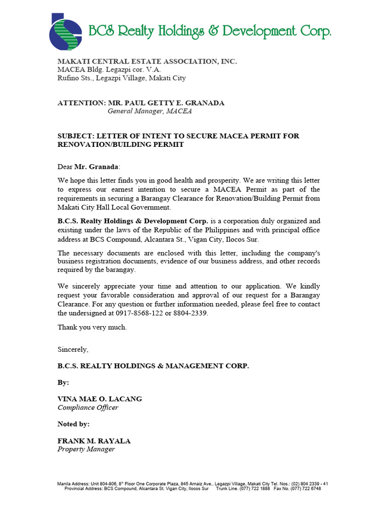 Letter of Intent To Secure Macea Permit For Renovation Building Permit ...