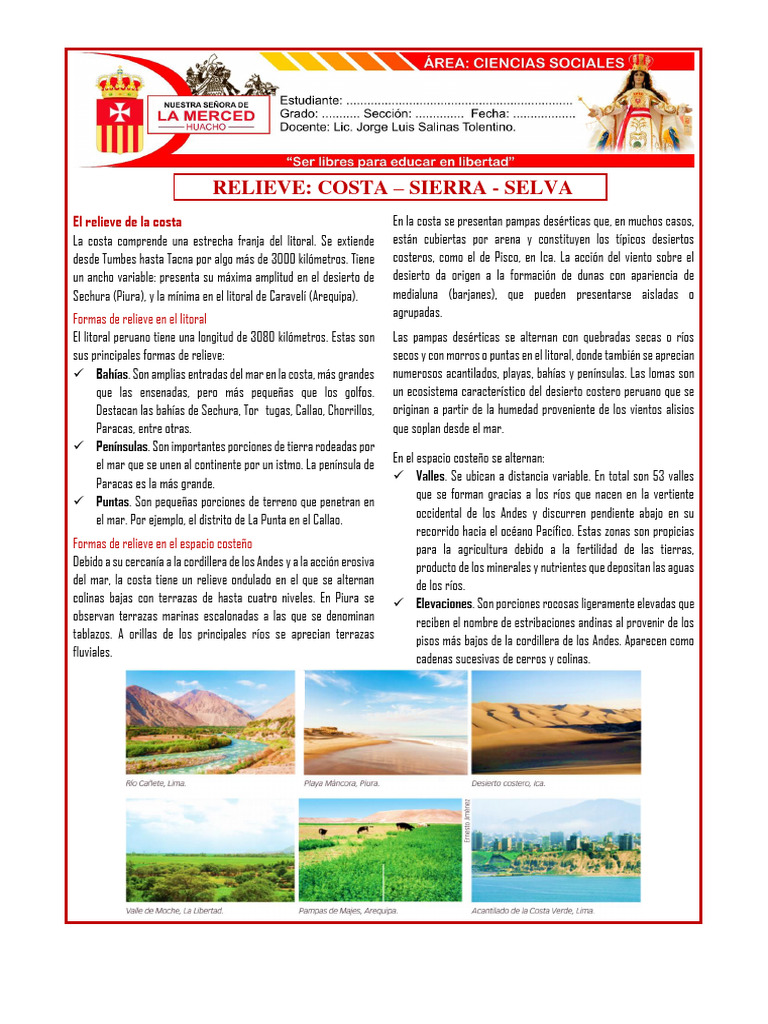 Guia de Lectura y Ficha de Trabajo - Relieve Peruano Costa - Sierra ...