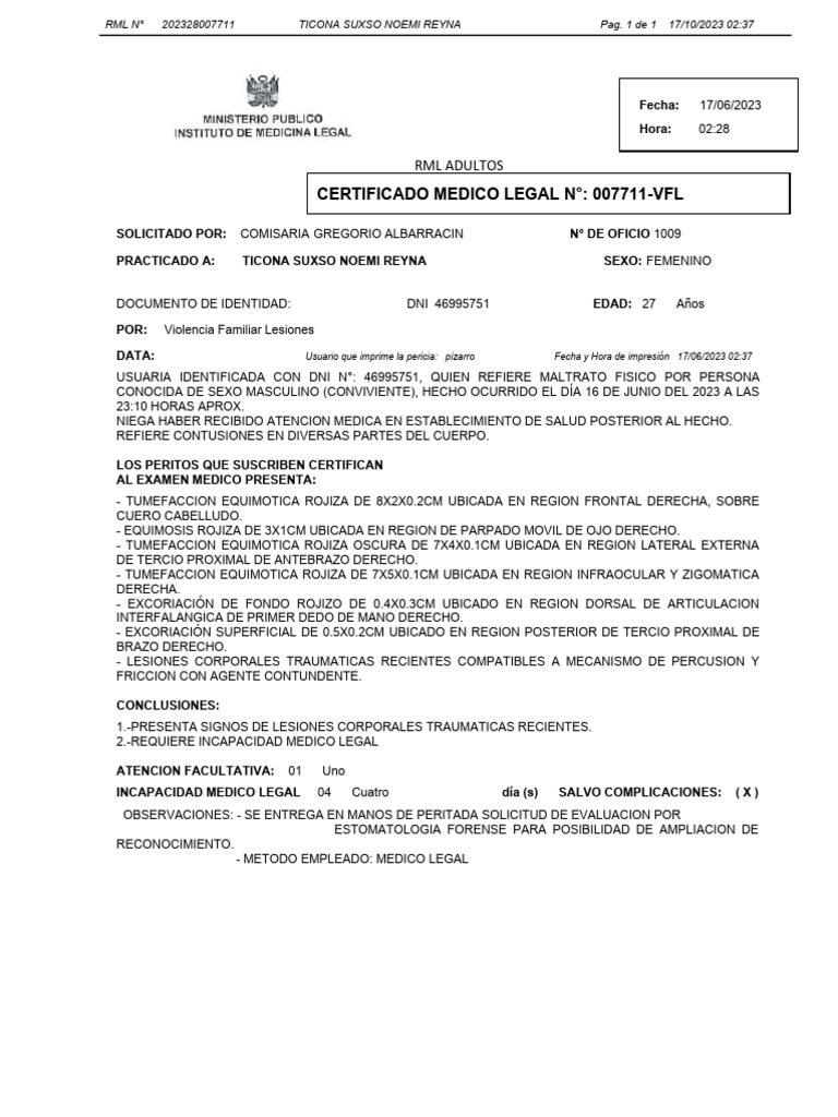 Certificado Medico Legal N°: 007711-Vfl: RML Adultos | PDF