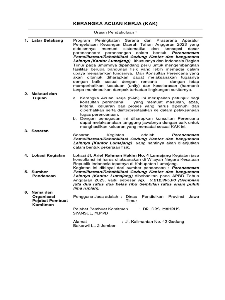 KAK PERENCANAAN Rehabilitasi Gedung Kantor Dan Bangunana Lainnya Kantor Lumajang | PDF