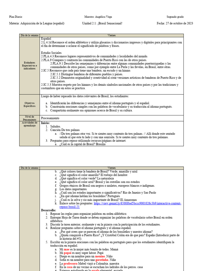 Plan Diario Maestro: Angélica Vega Segundo Grado: Día de La Semana ...