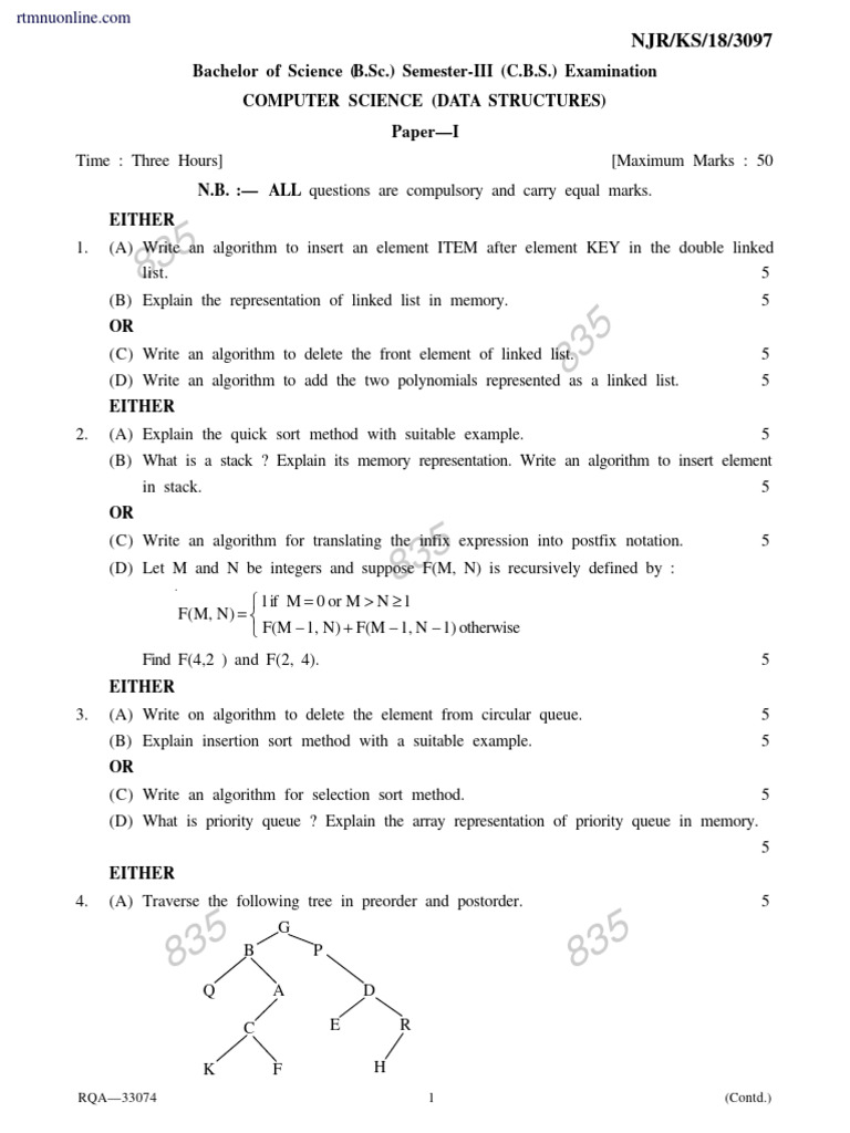BSC 3 Sem Computer Science (Data Structures) Summer 2018 | PDF | Algorithms | Mathematical Relations