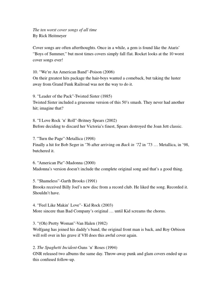 Ten Worst Cover Songs Ever | PDF