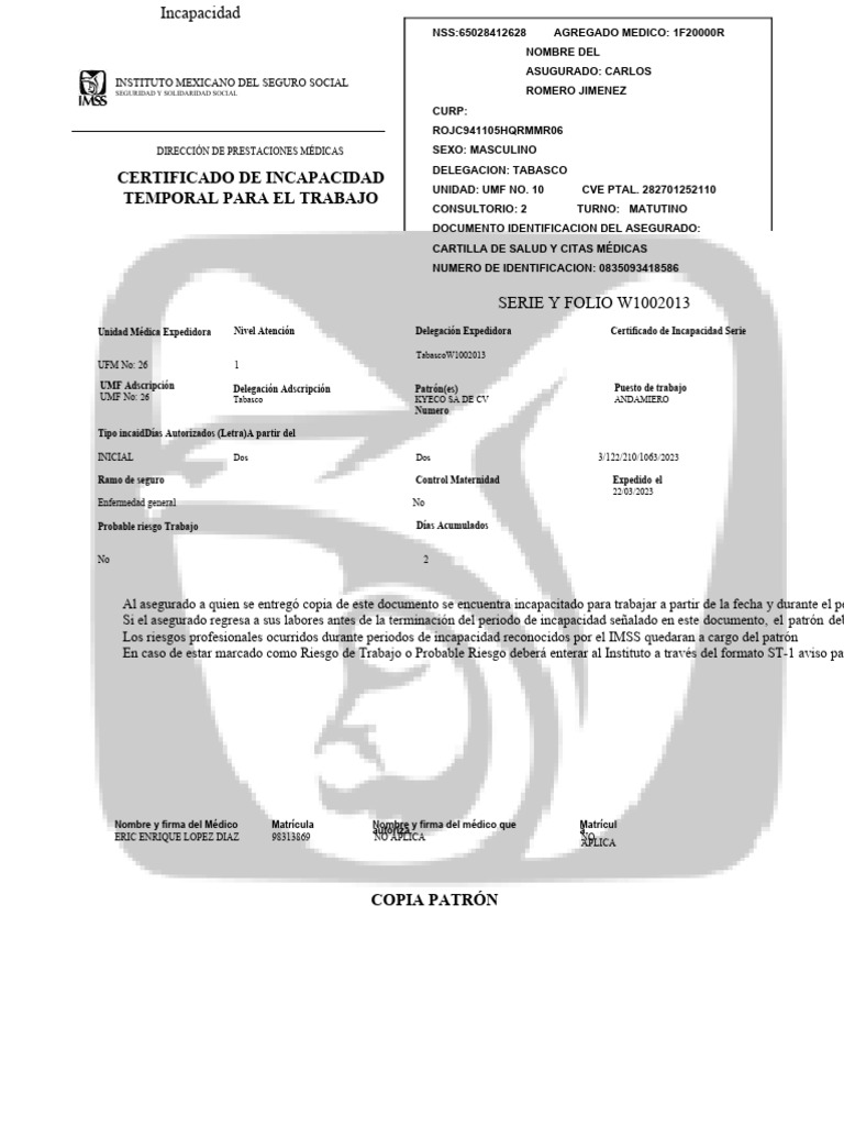Certificado de Incapacidad Temporal para El Trabajo: Instituto Mexicano ...