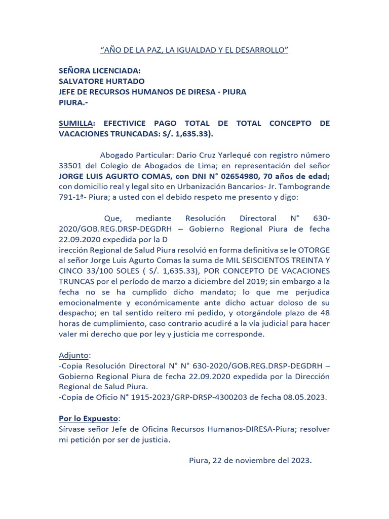 Carta A Diresa - Caso Sr. Agurto Comas | PDF