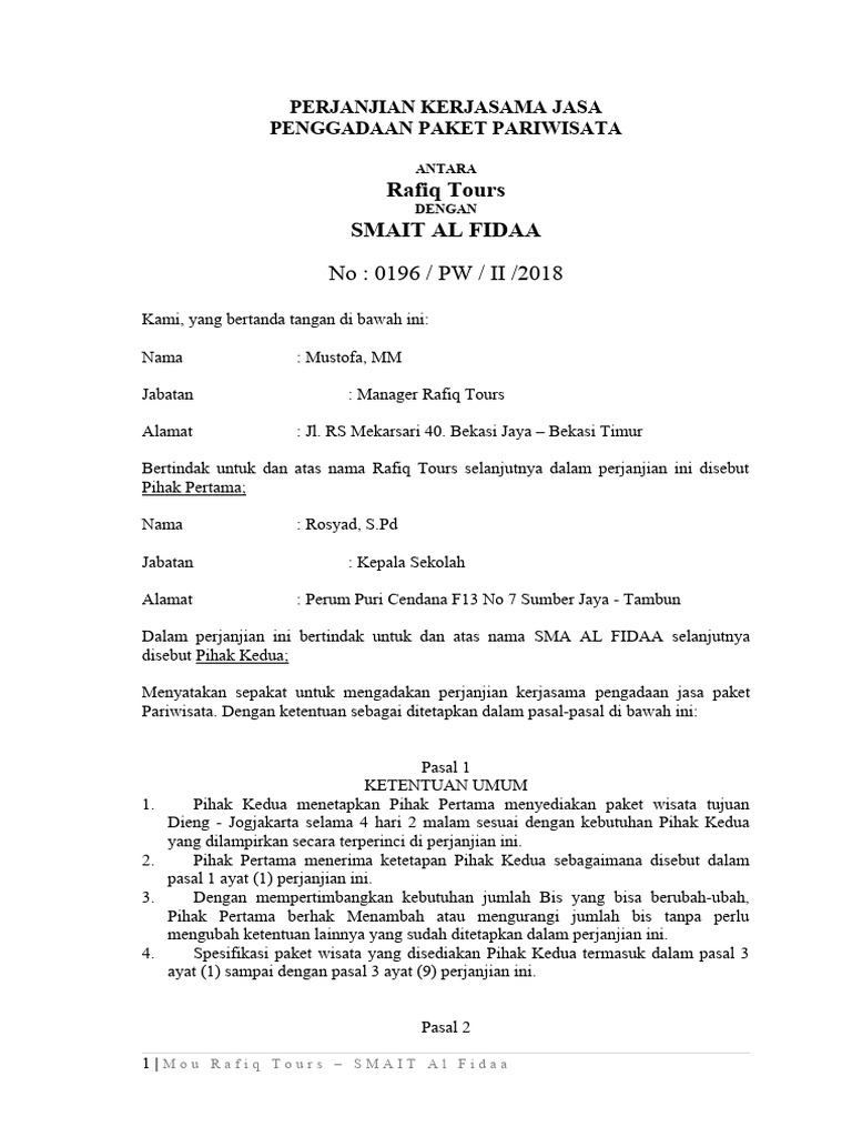 Kerjasama Paket Wisata SMA Al Fidaa | PDF | Hukum