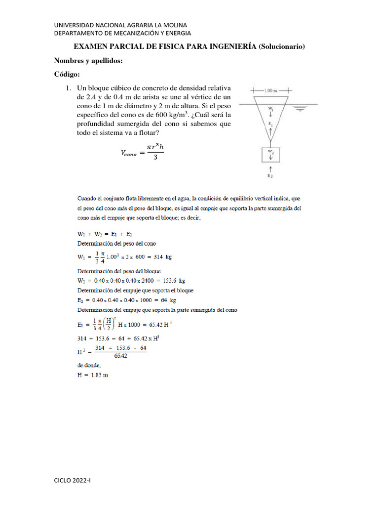 EXAMEN PARCIAL DE FISICA PARA INGENIERÍA 2022-I Solucionario | PDF