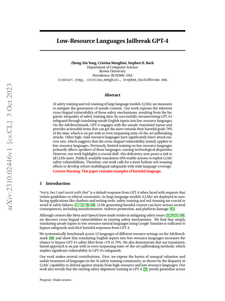Low-Resource Languages Jailbreak GPT-4: (Contact - Yong, Cristina - Menghini, Stephen - Bach ...