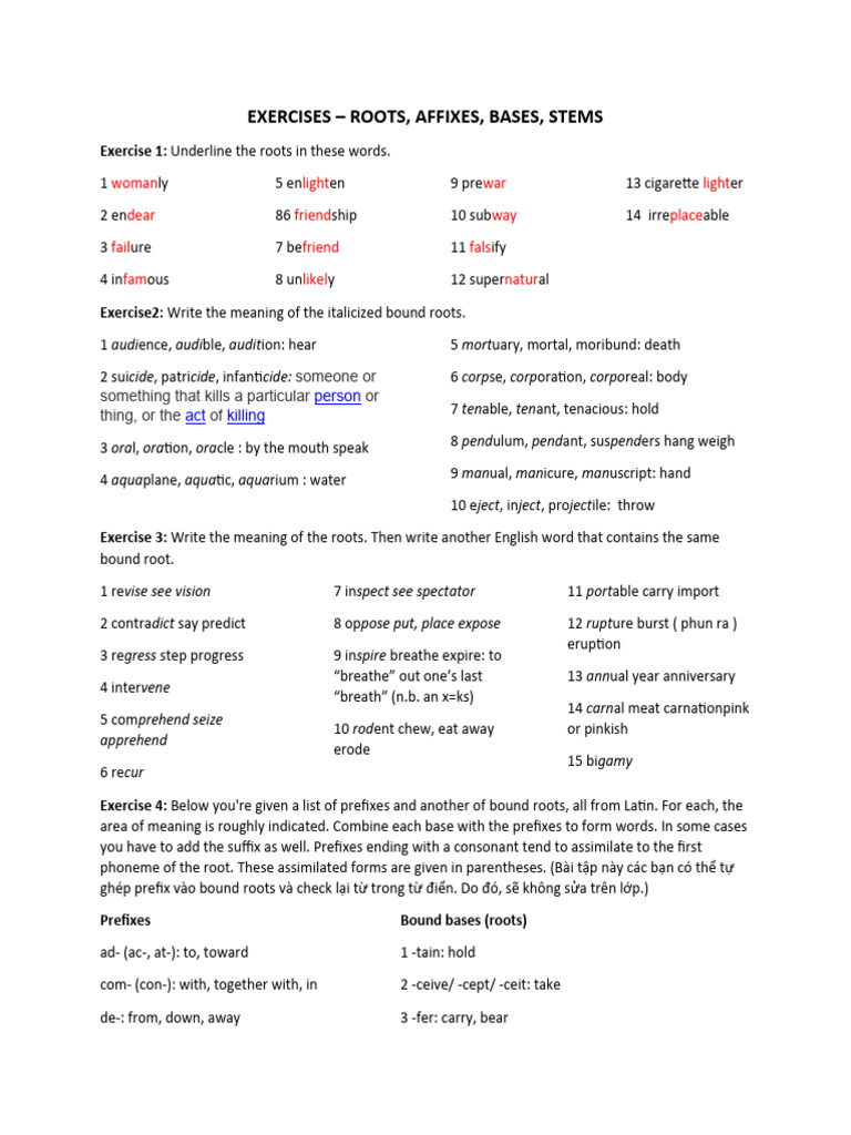 Exercises - Root, Affix, Base, Stem, IC | PDF | Linguistic Typology ...