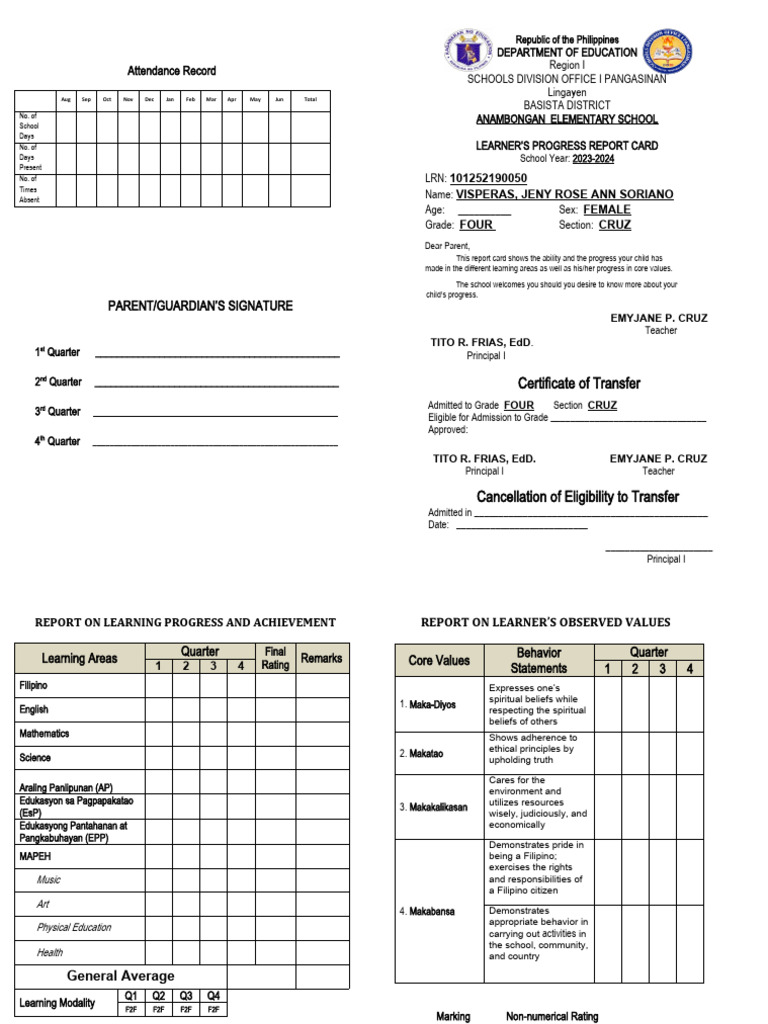 Gr.4 Cruz - Report Card - 2023 2024 - Adjusted Size Font Style | PDF ...
