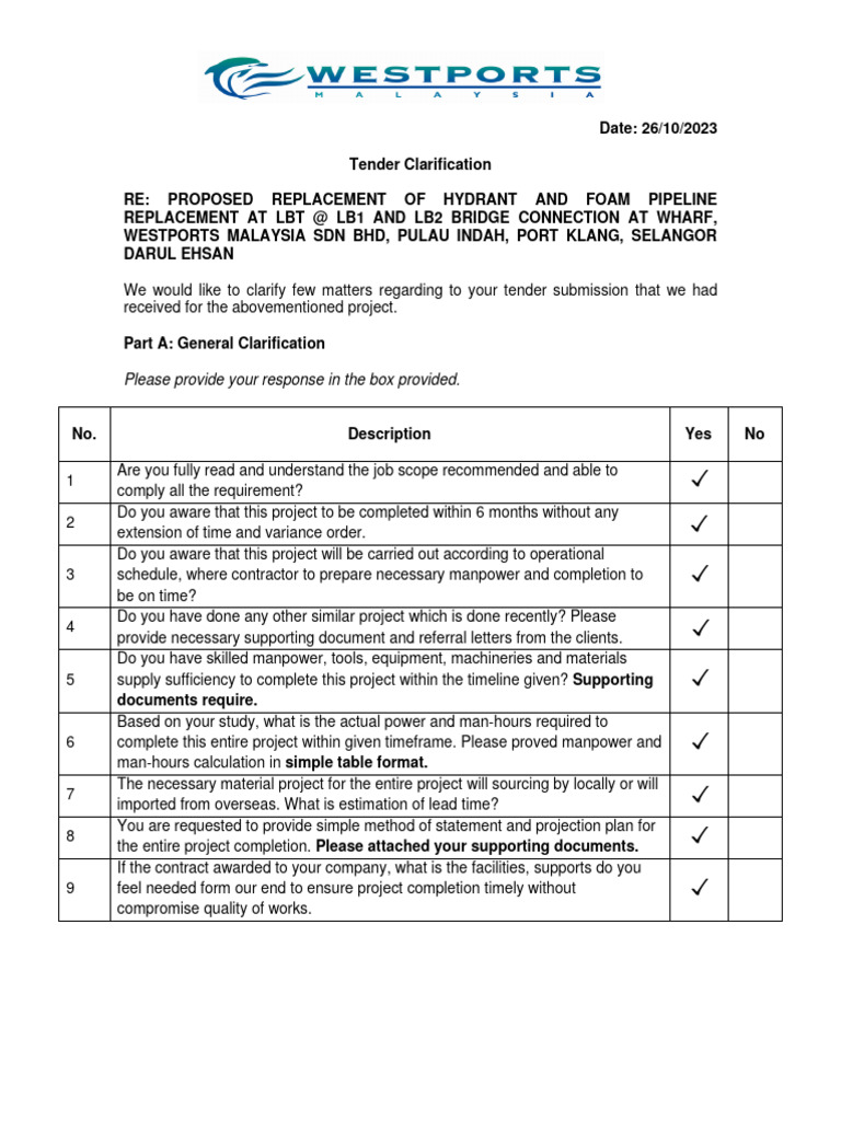 TENDER CLARIFICATION NO. 1 - Answer - Part 1 | PDF | Pipe (Fluid ...