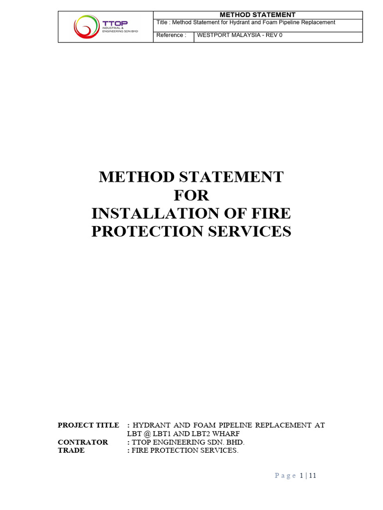 Method of Statement For Hydrant and Foam Pipeline Replacement - Rev0 | PDF | Pipe (Fluid ...