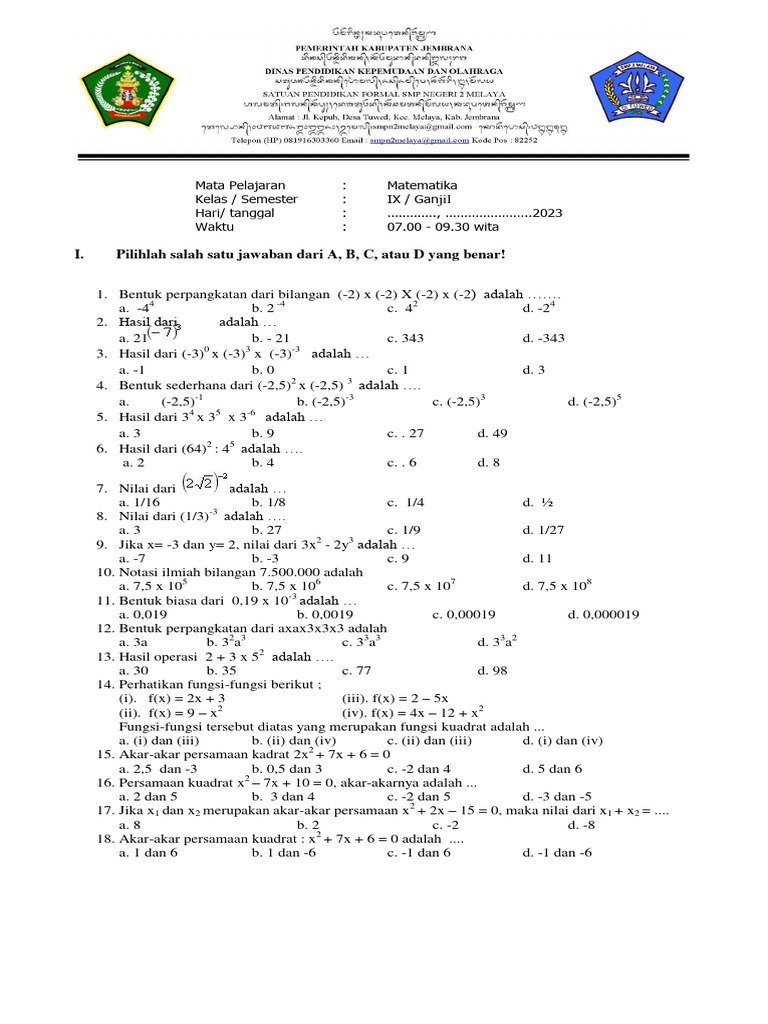 PAS Mat IX Ganjil 23-24 | PDF