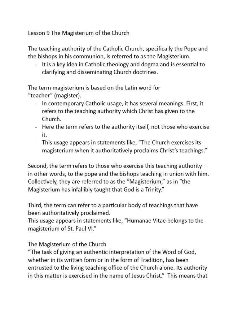 Lesson 9 The Magisterium of The Church | PDF | Catholic Church | Pope