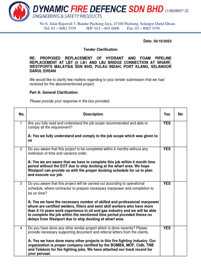 TENDER CLARIFICATION NO. 1 - HYDRANT AND FOAM PIPELINE REPLACEMENT AT LBT at LB1 AND LB2 | PDF ...