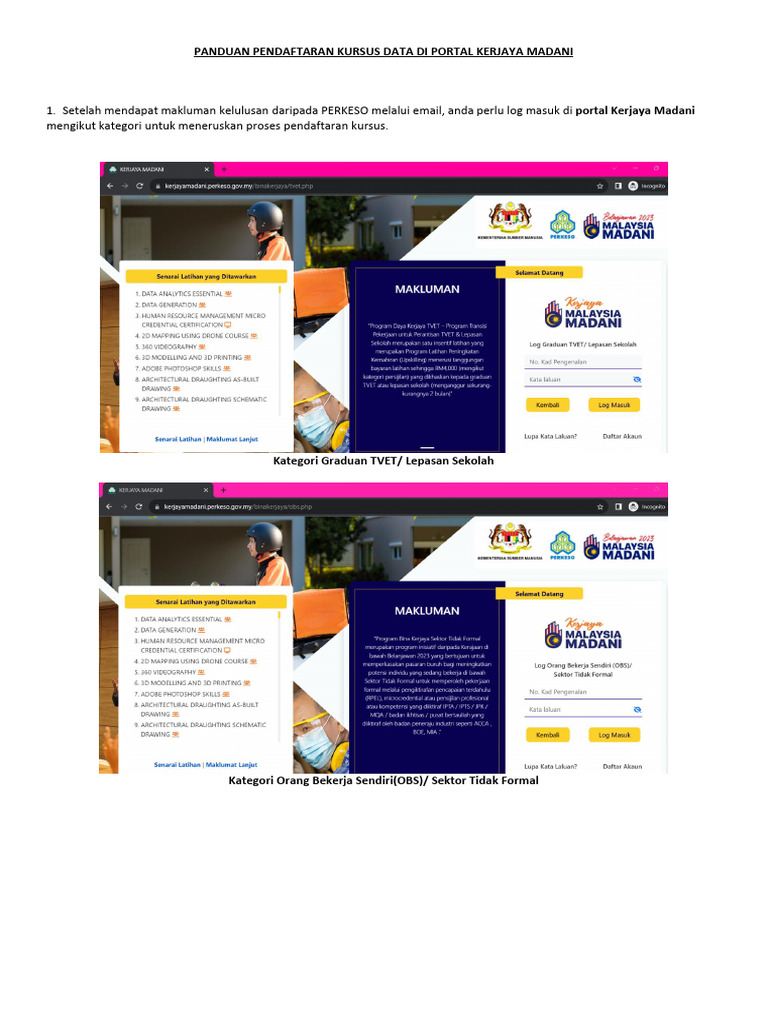 Panduan Pendaftaran Kursus Data Di Portal Kerjaya Madan | PDF