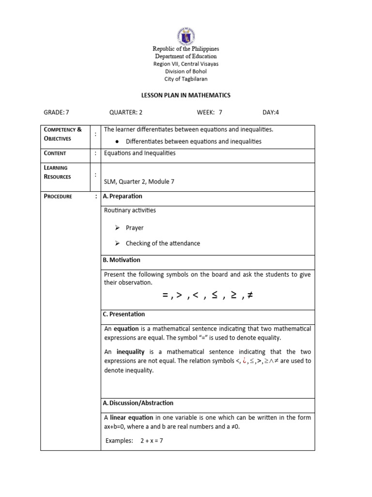 Prototype Lesson Plan in Math 7 Q2 Week7 Day 3 | PDF | Equations ...