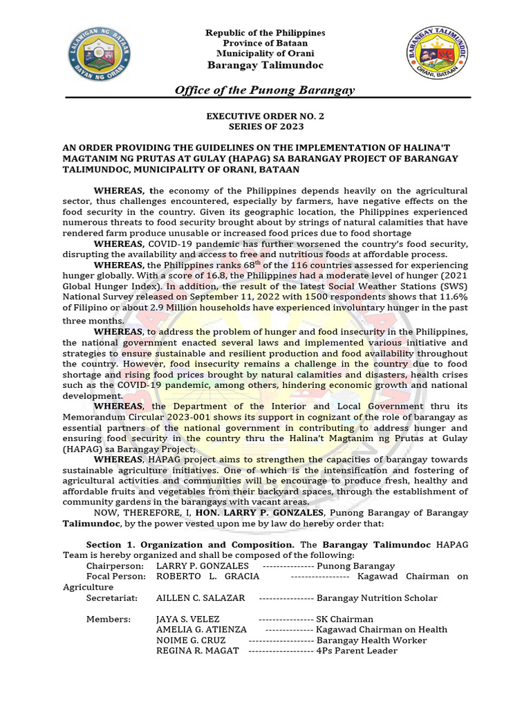 02 EO HAPAG For Barangays 2023 | PDF | Food Security | Hunger