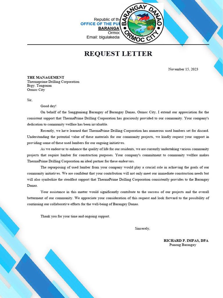 Barangay Danao Lumber Request | PDF