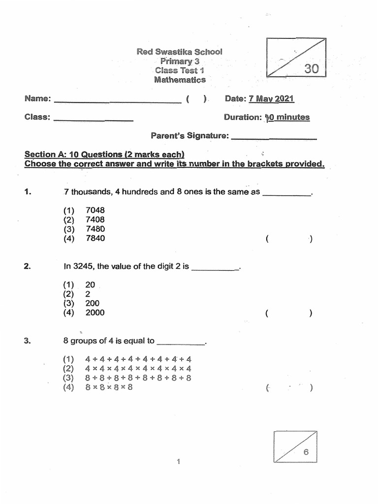 P3 Maths 2021 RedSwastika CT1 2 Papers | PDF
