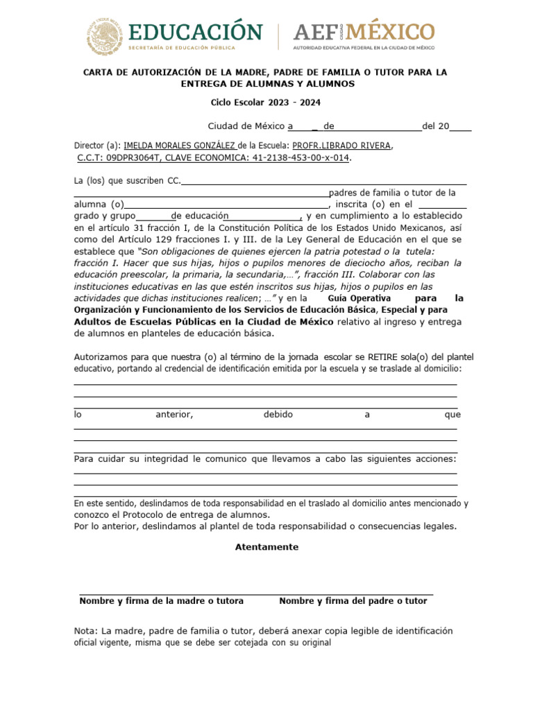cartas de autorización salida escolar. | PDF