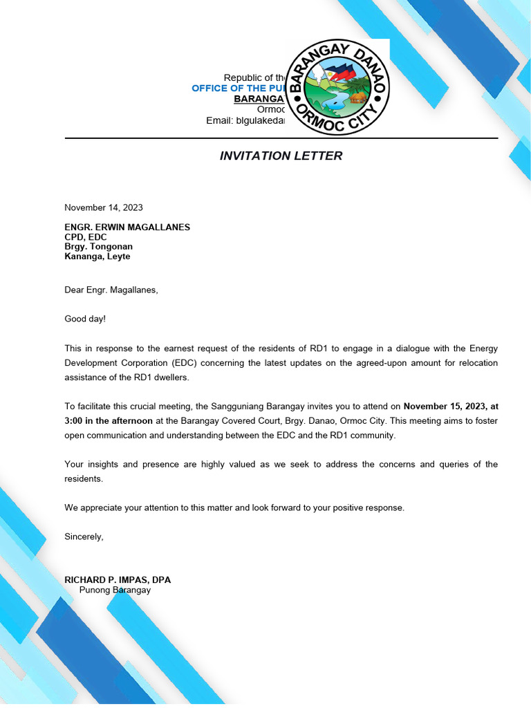 Barangay Assembly Invitation Letter | PDF