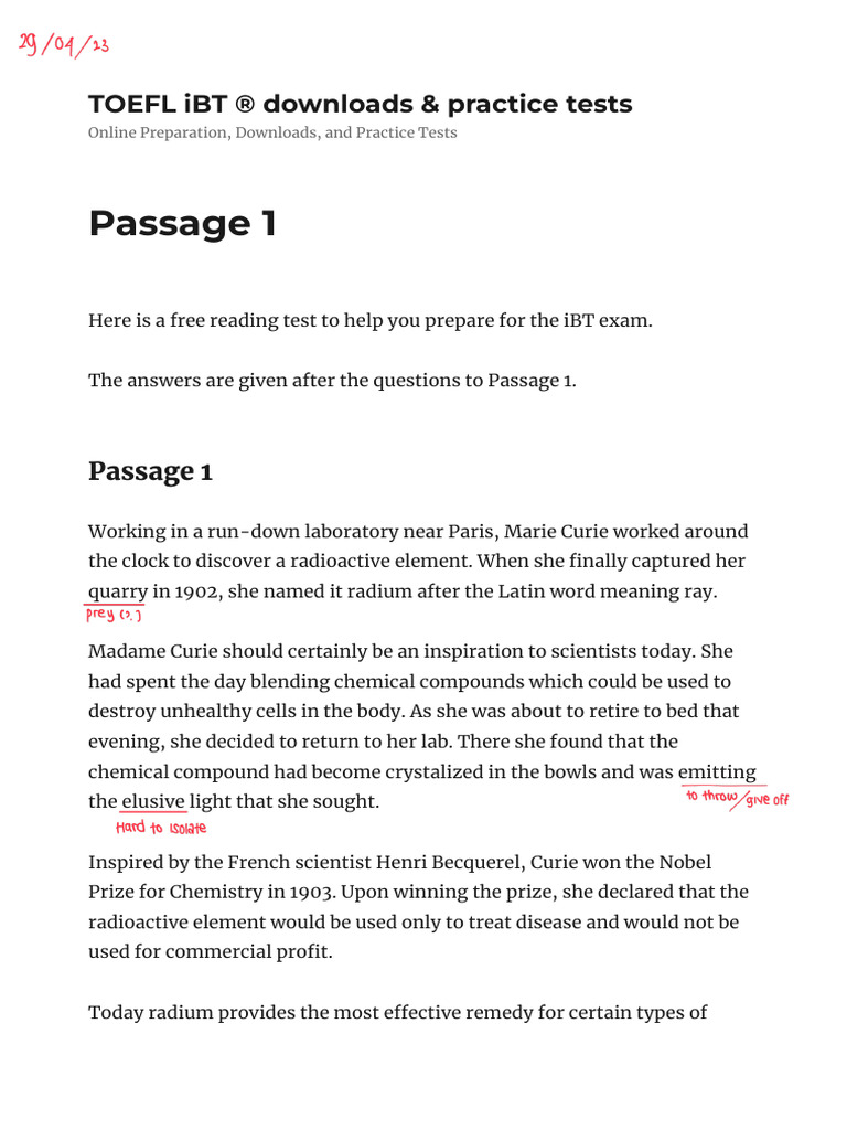 Passage 1 For ESL Reading | PDF | Marie Curie | Radioactive Decay