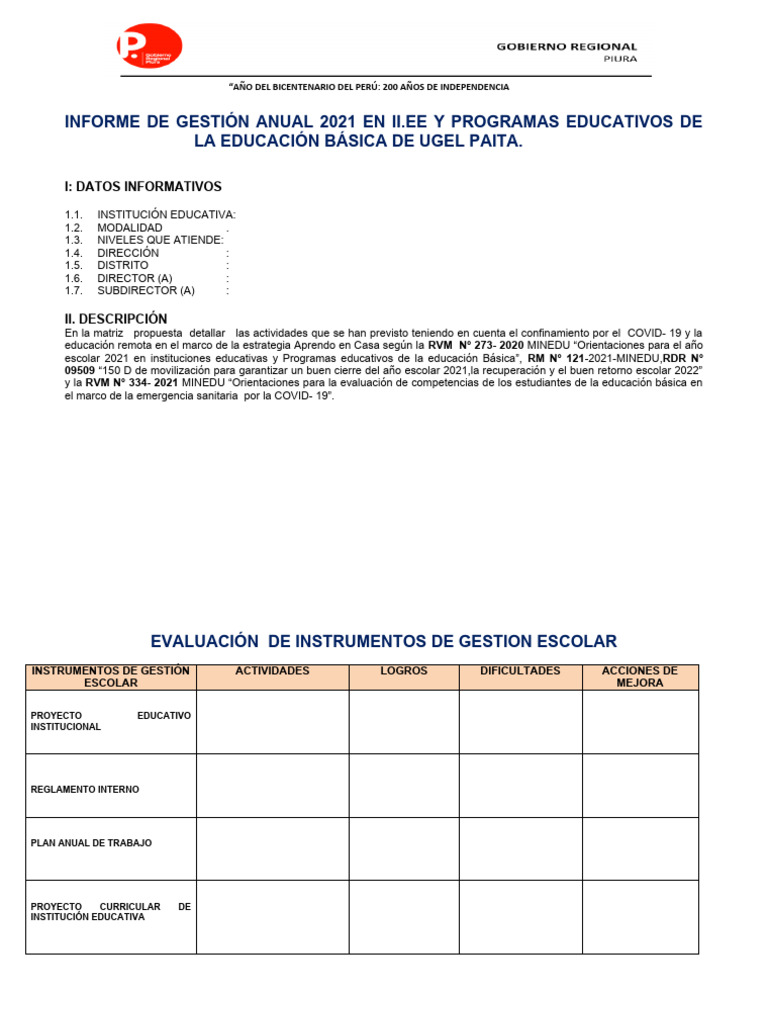 Formato de Memoria Anual 2021 Ugel Paita | PDF | Tableta | Evaluación
