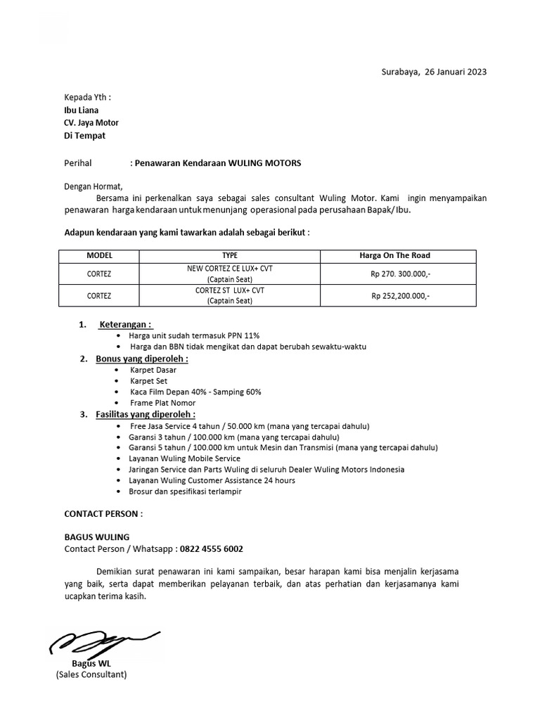 Surat Penawaran Mobil Wuling Jaya Motor | PDF