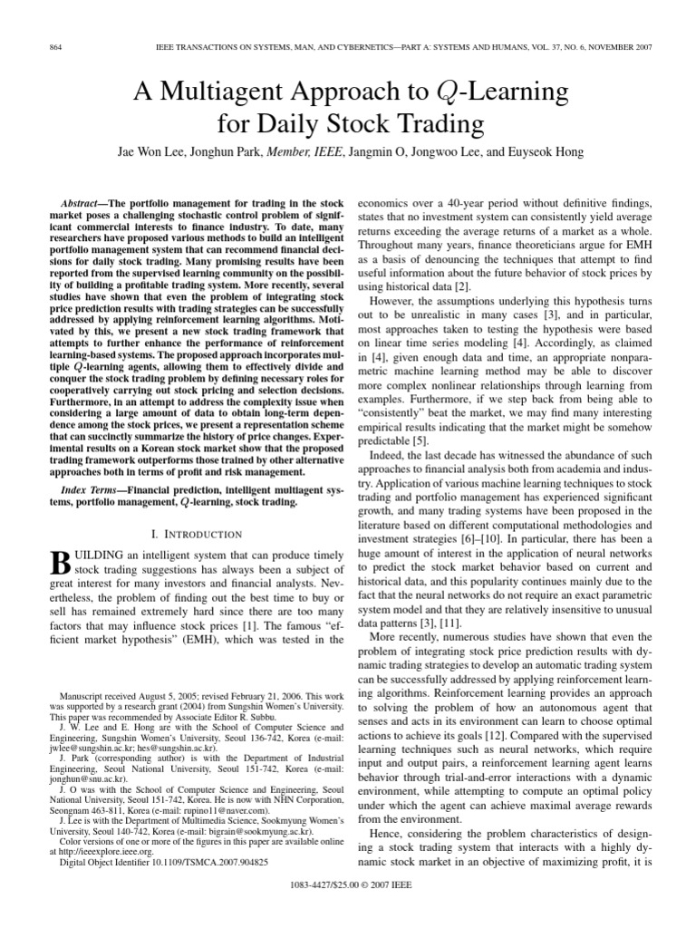 Multi-Agent Q Learning Daily Trading 2007 | PDF | Day Trading | Stocks