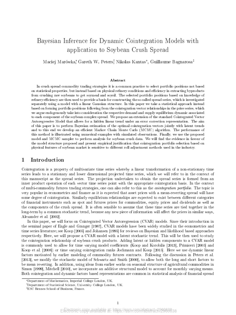 Bayesian Inference For Dynamic Cointegration Models With Application To Soybean Crush Spread ...