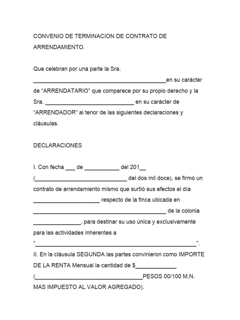 Convenio de Terminacion de Contrato de Arrendamiento | PDF | Derecho