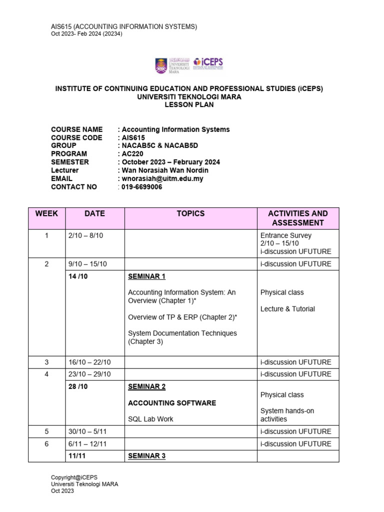 Ais615 Lesson Plan Semester Oct 2023 | PDF | Computing | Information Technology